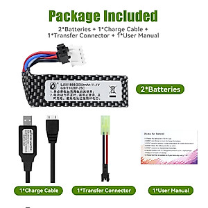 HYF 2 pcs 11.1V 2000mAh 501855 Soft-Gun Toy Rechargeable Li-ion Batteries SM2P Plug with a USB Charging Cable for WPL RES V-3 ESC 1/16 Crawler and Some Water-Gun Toy