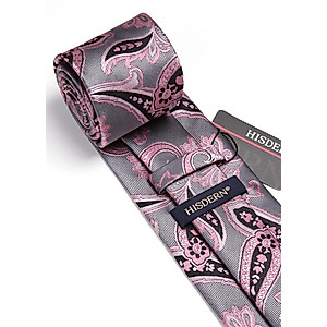 HISDERN Paisley Tie for Men Classic Extra Long Pink Ties and Pocket Square Formal Necktie with Handkerchief for Big and Tall Men Wedding