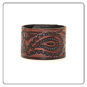 Fusamk Punk Rock Print Pattern Wristband Wide Leather Cuff Bracelet(Brown Leather)