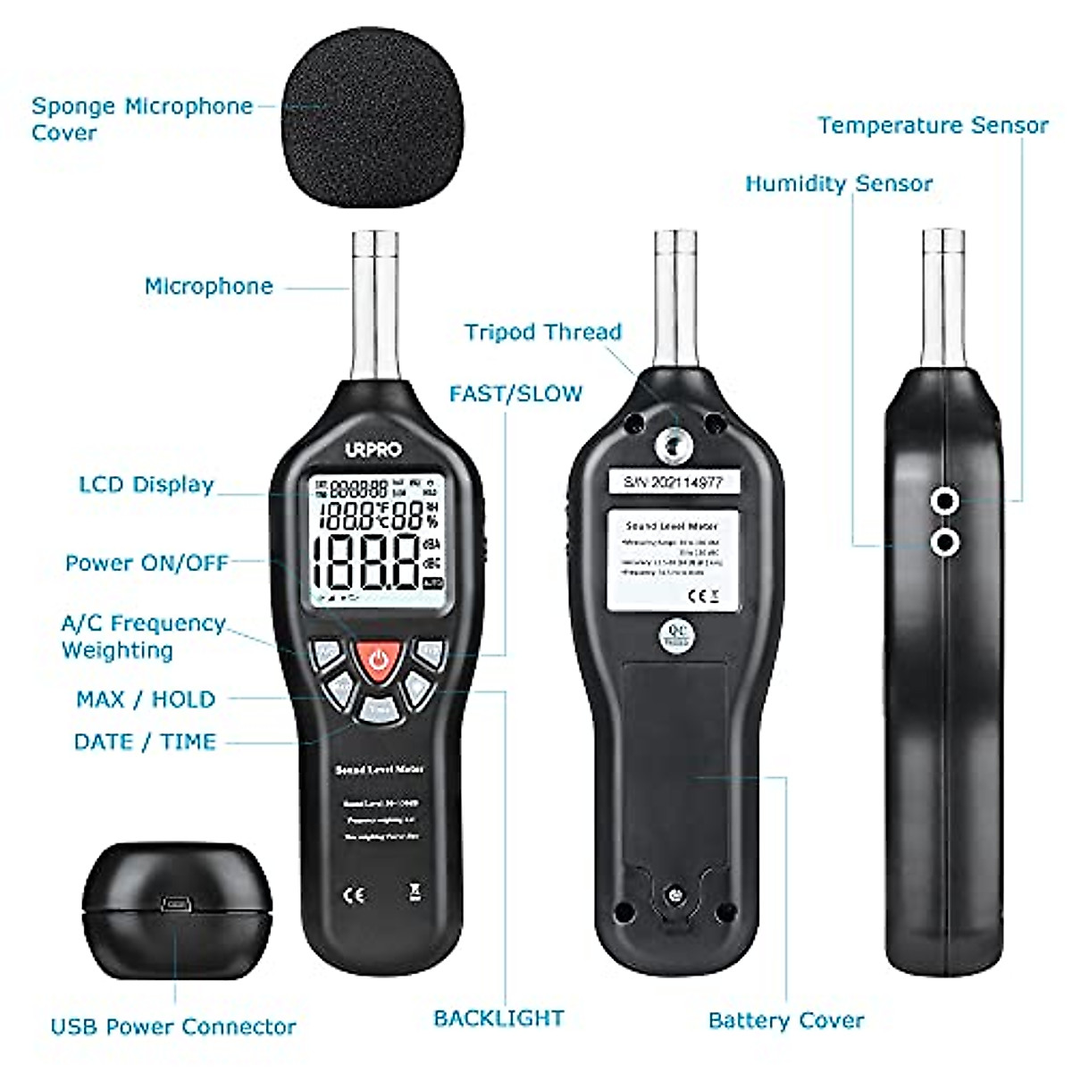 URPRO Electronics Decibel Meter, Digital Sound Level Meter 30 – 130 dB Audio Noise Measure Device Backlight Display