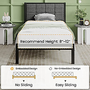 SHA CERLIN Twin Size Bed Frame with Upholstered Headboard, Platform Bed Frame with Metal Slats, Button Tufted Square Stitched Headboard, Noise Free, No Box Spring Needed, Easy Assembly, Dark Grey