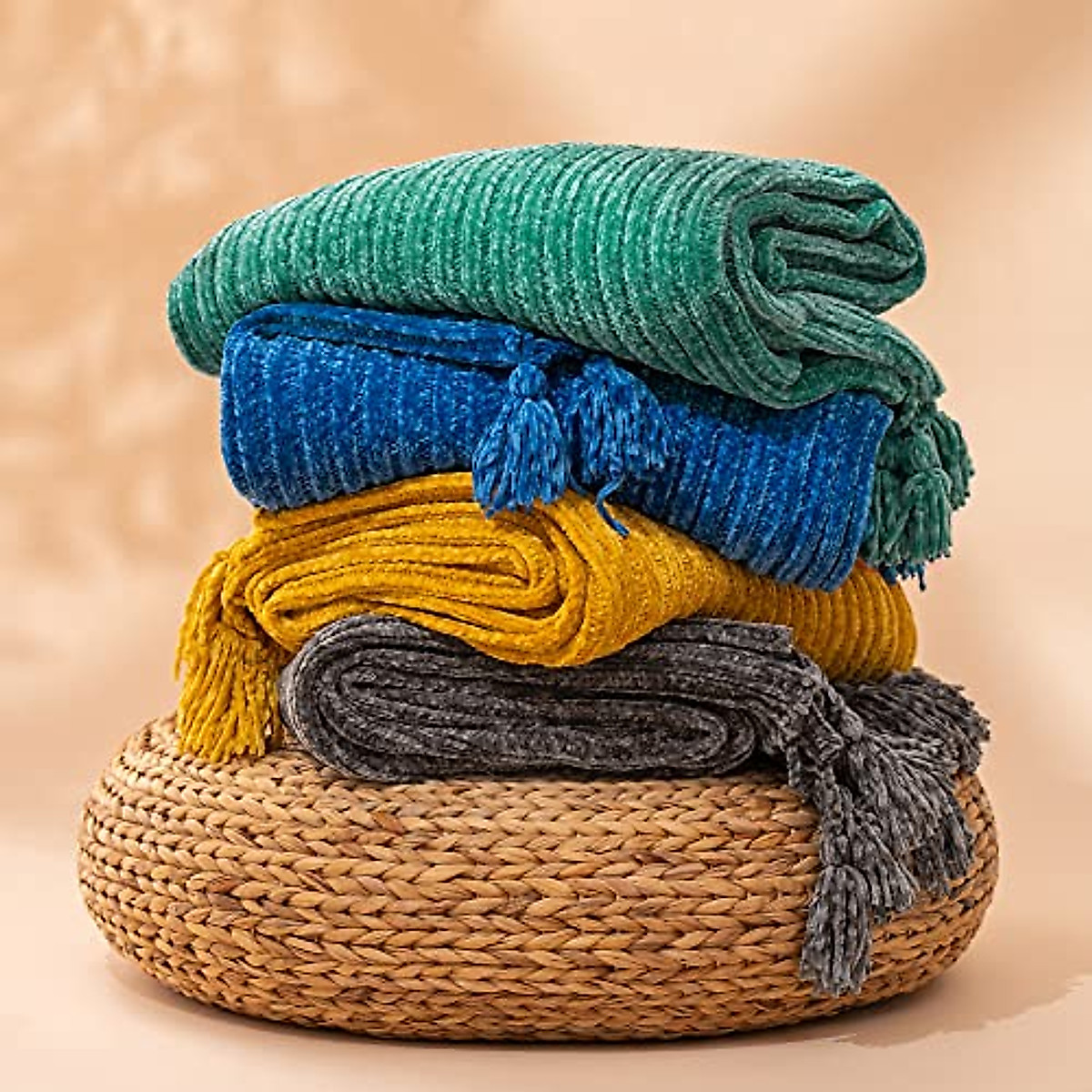 RECYCO Chenille Knit Throw Blanket for Couch, Super Soft Cozy Throw Blankets with Tassels, Thick Striped Knitted Blankets for Sofa Chair Bed Living Room, Turquoise, 50" x 60", Laundry Bag Included