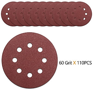 110pcs 5 Inch Sanding Disc 60 Grit, ZEHIQ 8 Hole Hook and Loop Sandpaper Orbital Sander Pads for Automotive Polishing and Wood Working