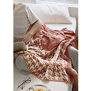 GunziStreet Luxurious Pure Cotton Knitting Throw Blanket Houndstooth Thousand-Bird Pattern Splicing Nordic Style Soft Warm Home Decor for Bed Couch Bedroom (Red Ruby, 51x63)