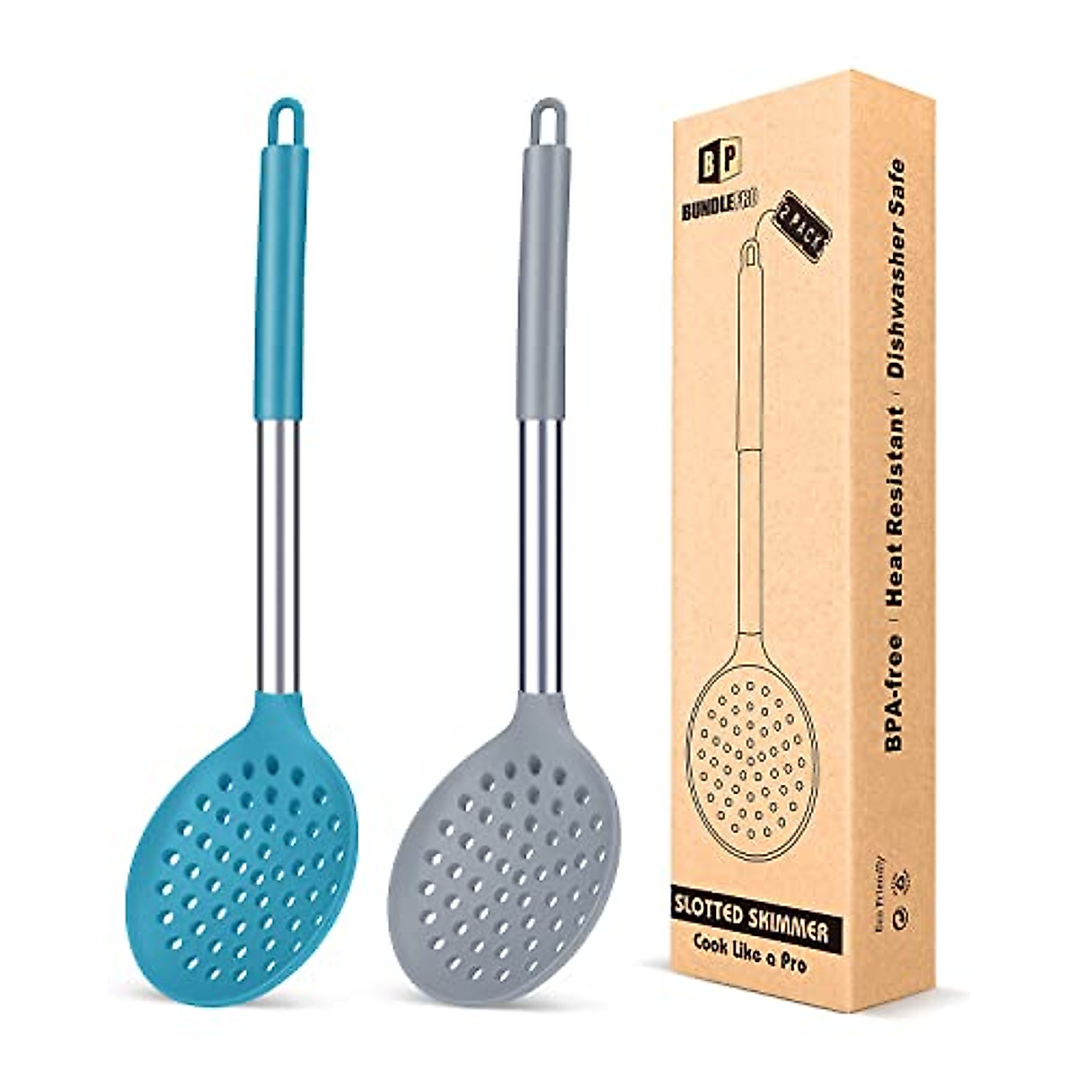 Kitchen Ladle Strainer Set of 2 Large Slotted Spoon with High Heat Resistant BPA Free Non Stick Cooking Skimmers For Draining & Frying (Grey and Teal Blue)