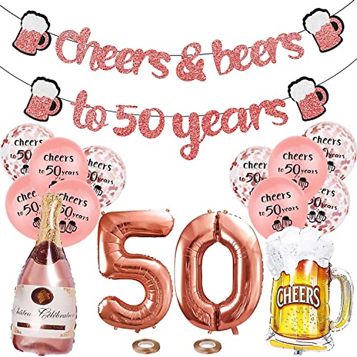 50th Rose Gold Birthday Party Decorations for Women, Cheers to 50 Years Banner, 32Inch Number 50 Rose Gold Foil Balloon and Confetti 50th Latex Balloons Cheers Foil Balloons for Her Women Anniversary