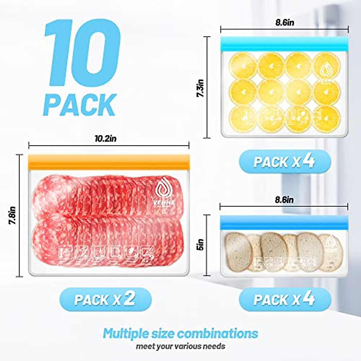 VEHHE 10 Pack Reusable Storage Bags, 2 Reusable Food Freezer Bags + 4 Reusable Sandwich Bags Washable + 4 Snack Bags Extra Thick Silicone Free Lunch Bags For Marinate Food Vegetable Meat Fruit