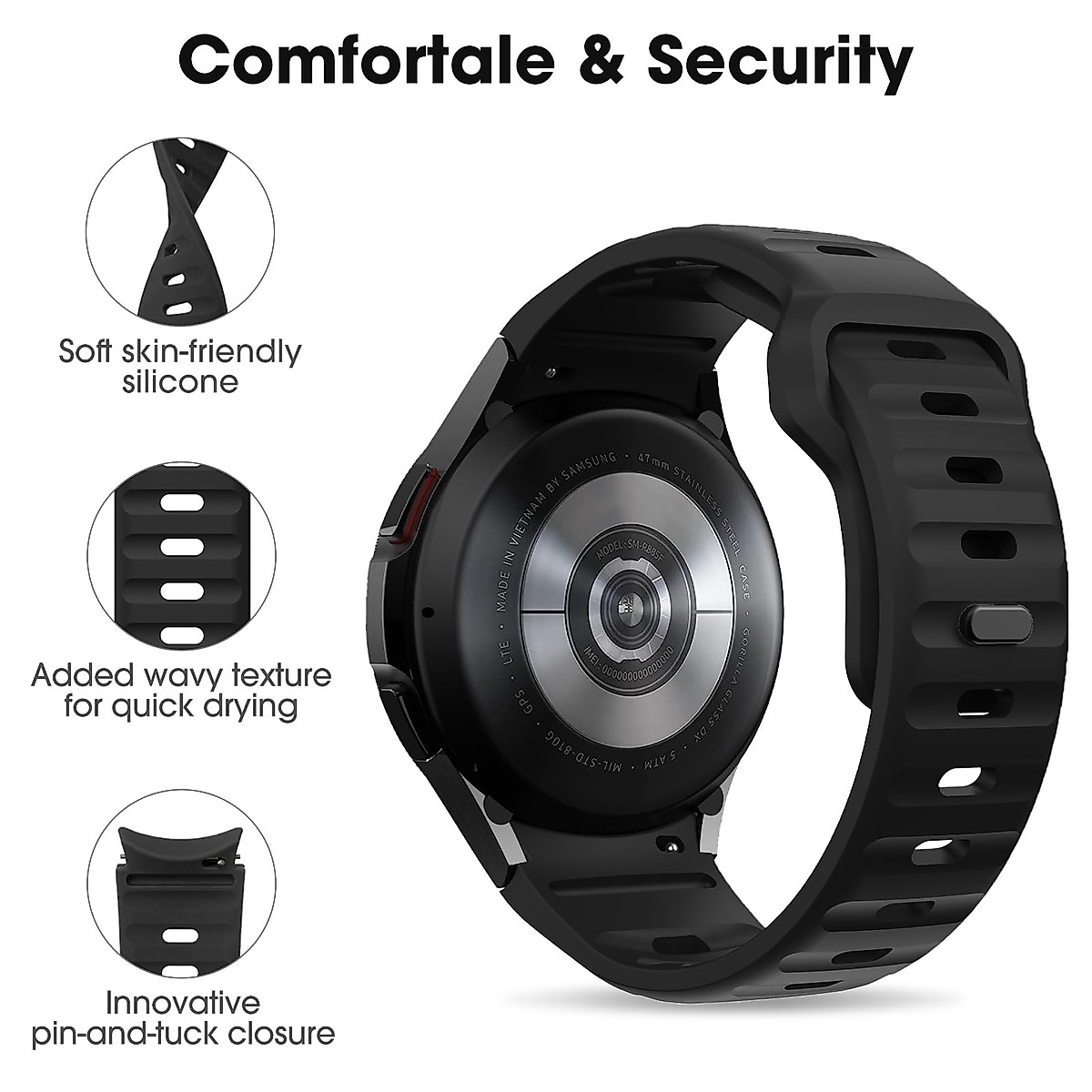 Rugged No Gap Bands Compatible with Samsung Galaxy Watch 6 4 5 Band 40mm 44mm/Galaxy Watch 6 Classic 47mm 43mm/Watch 4 Classic 46mm 42mm/Watch 5 Pro 45mm, Soft Silicone Replacement Sport Strap for Men