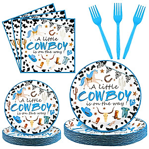 Sunnyray Cowboy Baby Shower Party Decorations Supplies Wild West Theme Party Tableware Set Western Rodeo Cow Country Party Dessert Plates Napkins Forks for 24 Guests Baby Shower Party