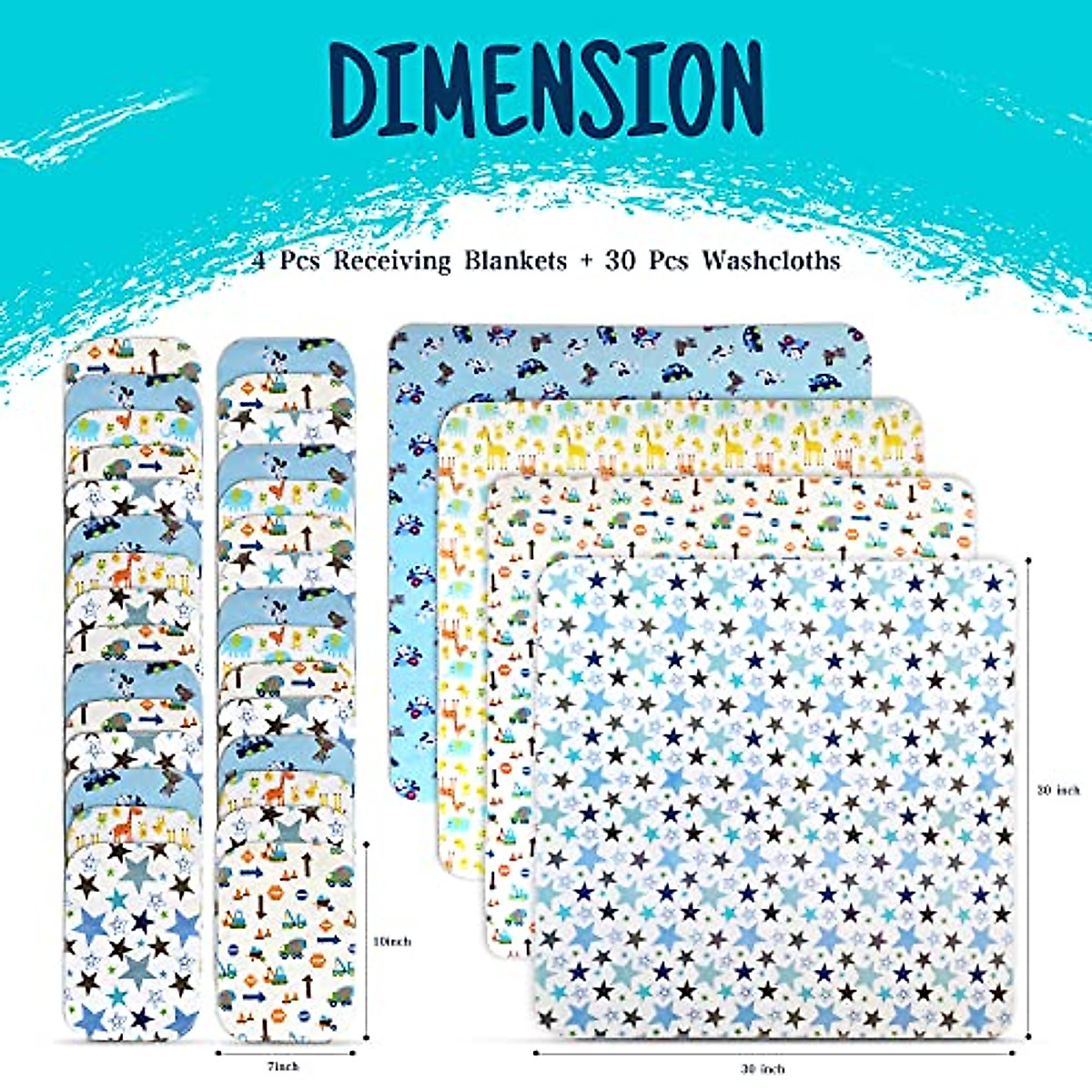 Omilion Receiving Blanket for Baby – 4 Pack – 30 inch x 30 inch – 100% Flannel Cotton - Mixed Patterned Designs – Includes Infant Washcloth 30 Pack
