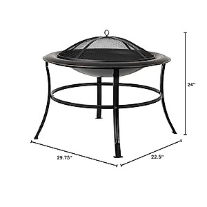 Fire Sense 62237 Fire Pit Tokia Steel Wood Burning Lightweight Portable Outdoor Firepit Rounded Lip & Curved Legs Included Wood Grate & Screen Lift Tool - 30" Round - Black