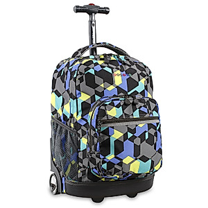 J World New York Sunrise Kids Rolling Backpack for Girls Boys Teen. Roller Bookbag with Wheels, Cubes, 18"
