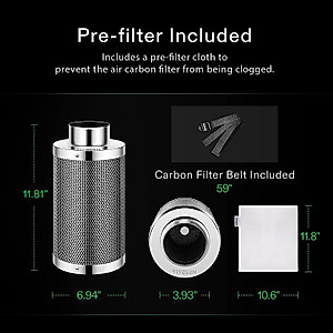 VIVOSUN 4 Inch Air Carbon Filter Smellines Control with Australia Virgin Charcoal for Inline Duct Fan, Grow Tent, Pre-filter Included, Reversible Flange 4" x 12"