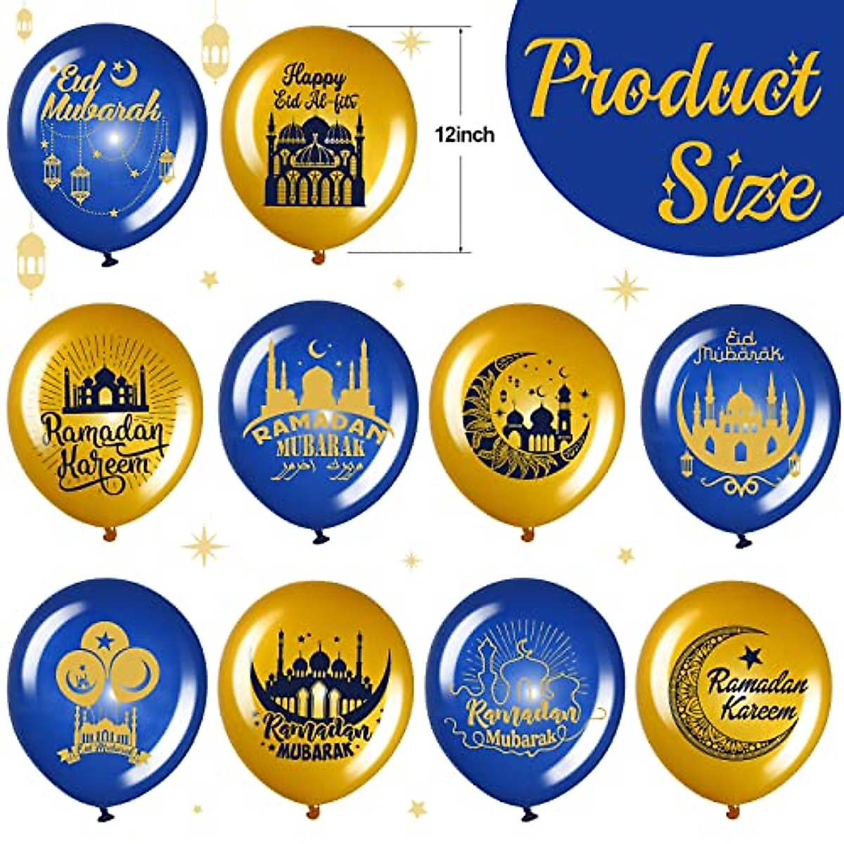 40 Pieces Ramadan Mubarak Balloons Eid Mubarak Party Decoration Happy Eid al-Fitr Theme Latex Balloons Set for Home Event Indoor Outdoor Ramadan Kareem Decor Supplies, 12 Inches (Blue and Gold)