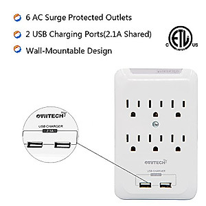 Multi-Function Wall Mount Outlet Adapter, Surge Protector Charging Station, OviiTech Dual 2.1AMP USB Charging Ports,6 AC Socket Outlet Splitter Plugs,White,ETL Certified