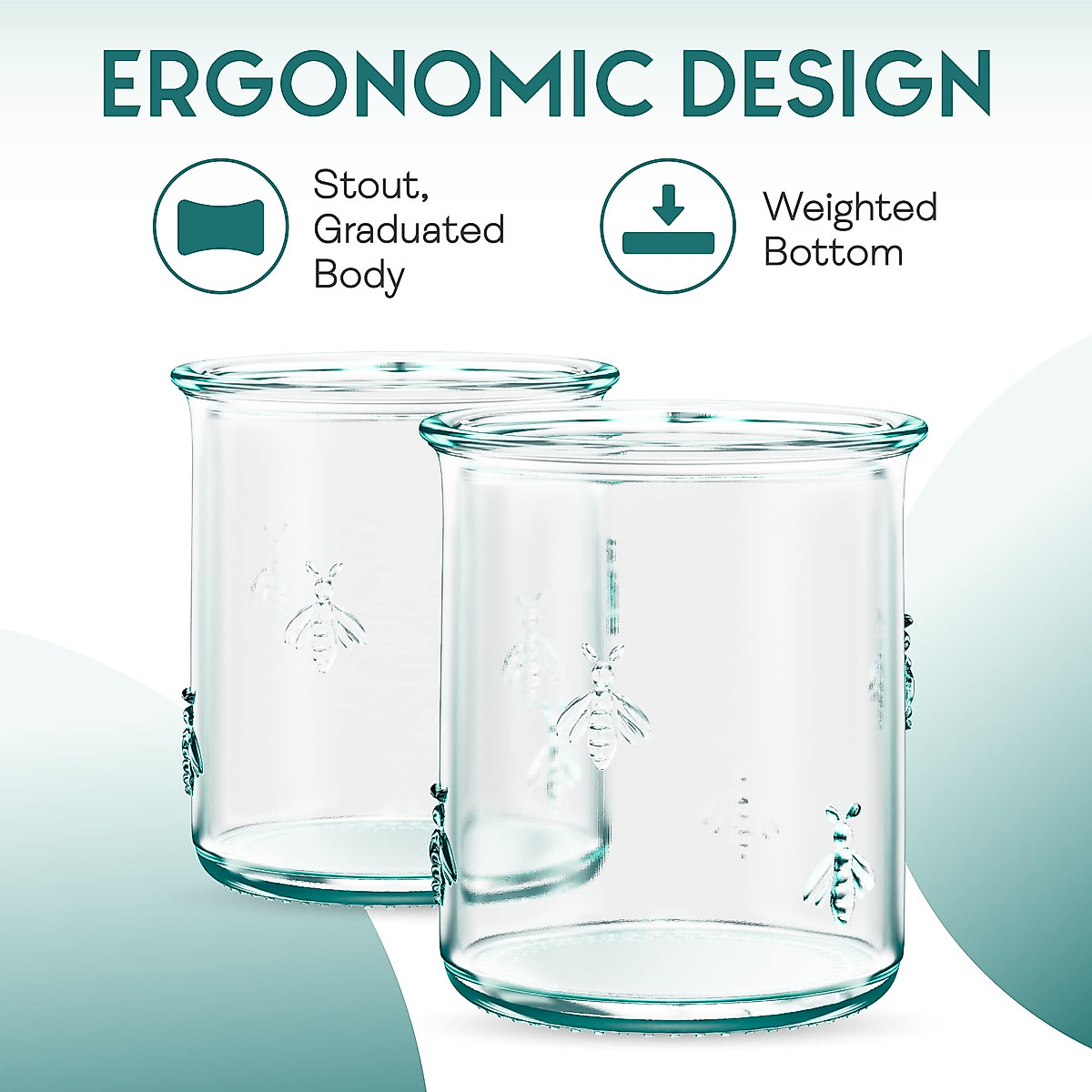 Amici Home Regina DOF Glass | 12 Oz | Italian Made, Recycled Green Glass | Drinking Glass with Embossed Bee Design for Water, Juice, Iced Tea, Cocktails (Set of 6)