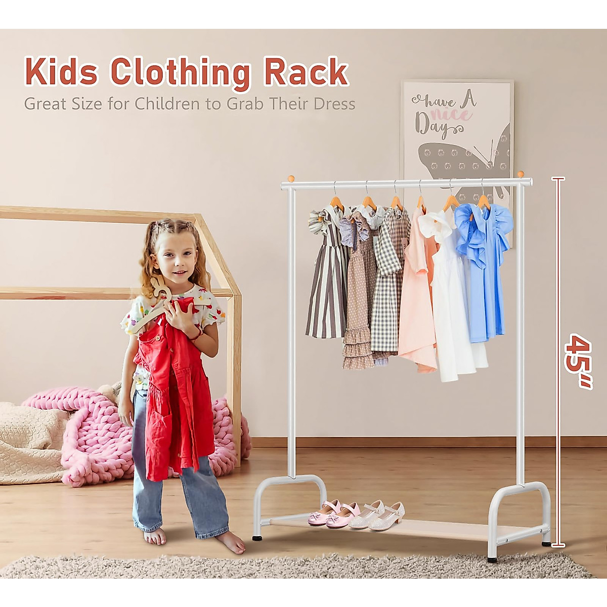 SLEEPING LAMB Kids Clothing Rack, Small Baby Clothes Rack with Bottom Storage Shelf, Kids Dress Up Rack Storage for Coats, Dance Costume Garment Rack for Hanging Clothes, White