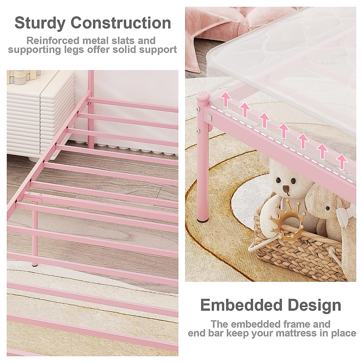 Weehom Twin Bed Frames with Headboard, Elegant Princess Bed for Girls Heavy Duty Metal Platform Bed Easy Assembly Under Bed Storage Space Twin Bed for Kids Adults, Pink