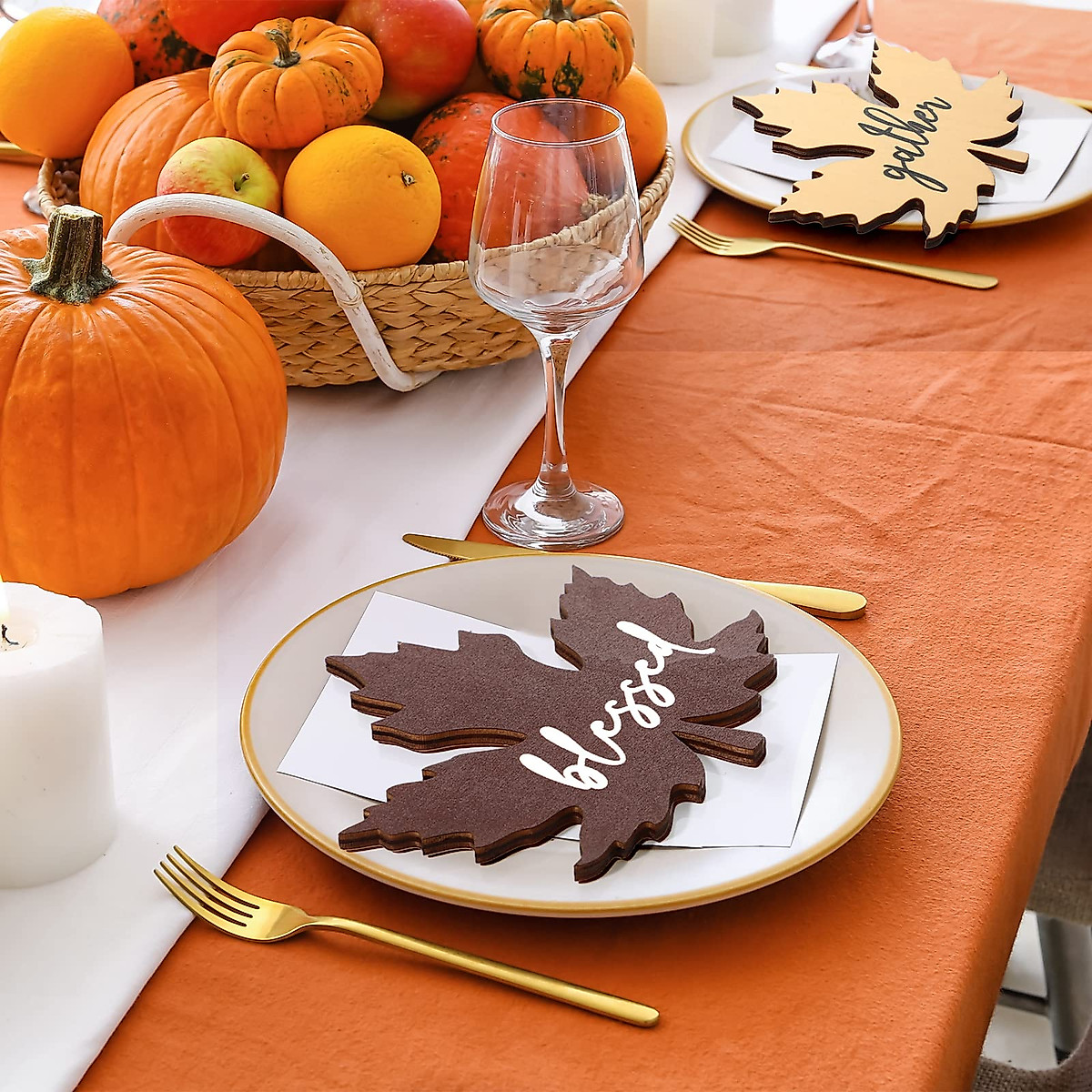 10 Pcs Thanksgiving Place Cards Maple Leaves Grateful Wood Signs Table Settings for Dining Table Decor Fall Plate Ornament Blessed Word Sign Rustic Thankful Signs Farmhouse Thanksgiving Decorations