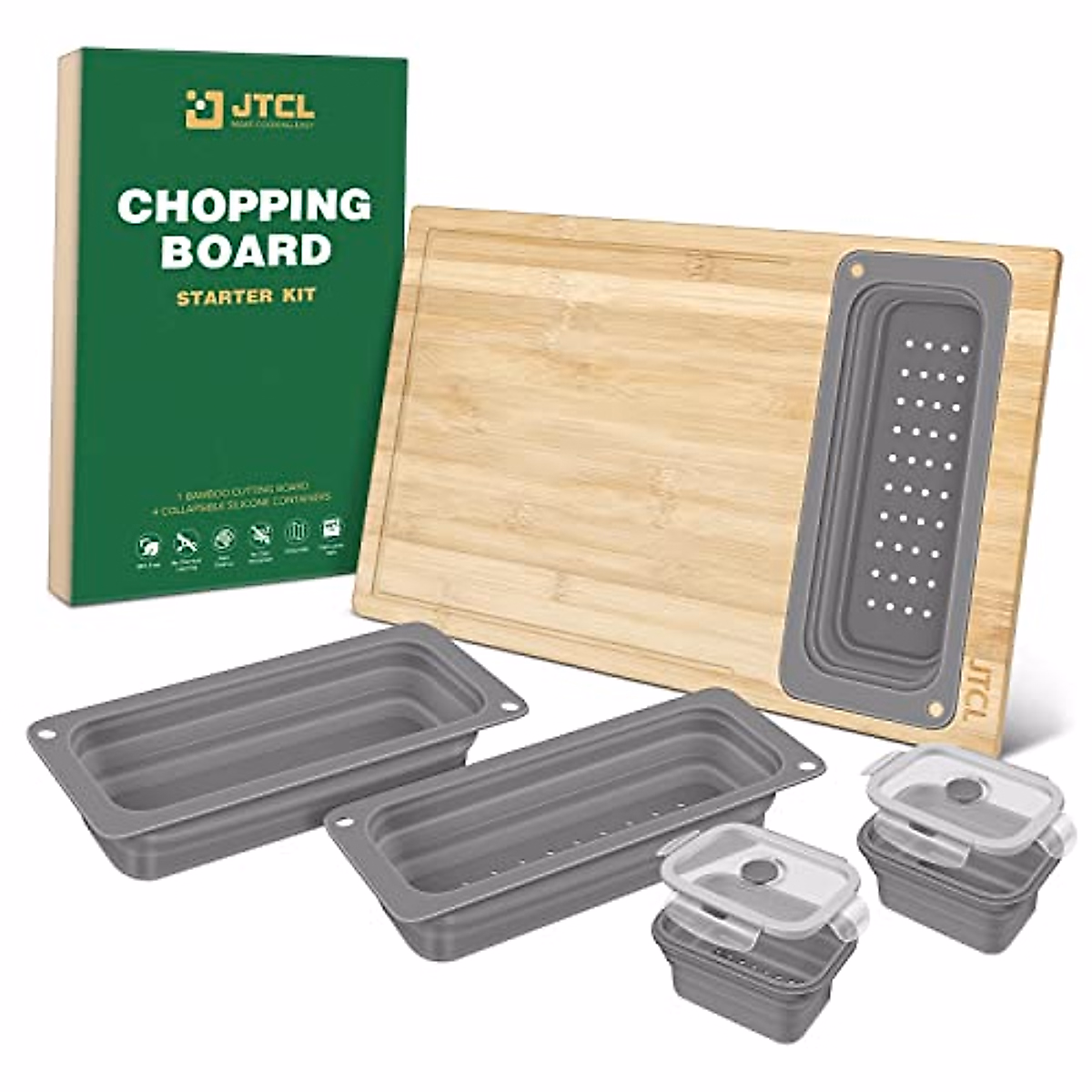 Bamboo Cutting Board Set with Juice Groove - Wood Cutting Boards for Kitchen, Wood Cutting Board Set, Kitchen Chopping Board for Meat Cheese and Vegetables (Grey)