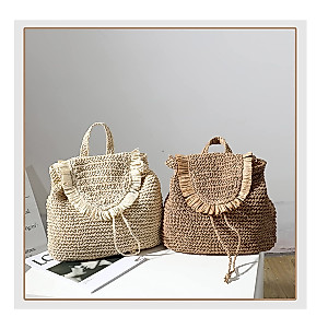 Erichman Women Fashion Straw Handmade Crochet Backpack Flap Drawstring Shoulders Bag Casual Beach Daypack (Brown,One Size)