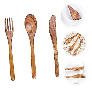 Abaodam 3 Sets Cutlery Spoon Salad Serving Utensils Wooden Utensils for Eating Cake Server Wood Dinnerware Dessert Spoon Pizza Cutter Pudding Spoon Wood Tableware Reusable Dessert Fork