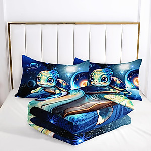 AILONEN 3D Sea Turtle Comforter Set Full Size, Cute Turtle Blue Space Galaxy Planet Bedding Set for Room Decor,Kawaii Kids Boys Girls Ocean Turtle Quilt with 2 Pillowcases,3 Pieces