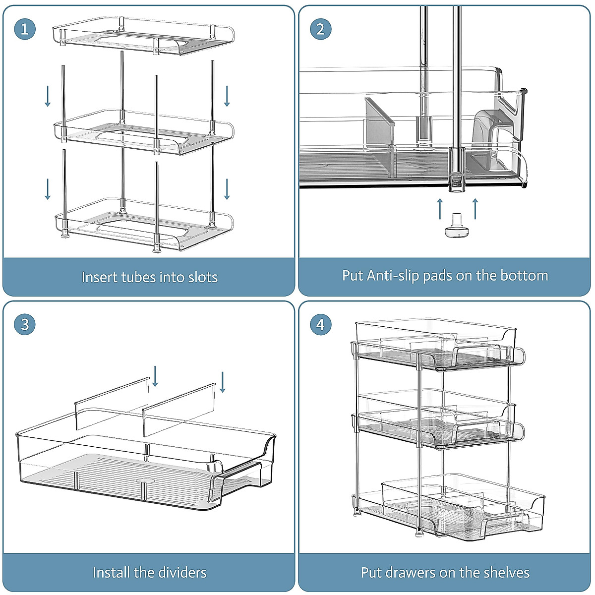 BeaFota 3 Tier Clear Pull Out Organizer with 3pcs Storage Bins, Large Size Multi-Purpose Slide-Out Storage Container, Bathroom Vanity Counter Organizing Tray, Kitchen Pantry Medicine Cabniet Bins