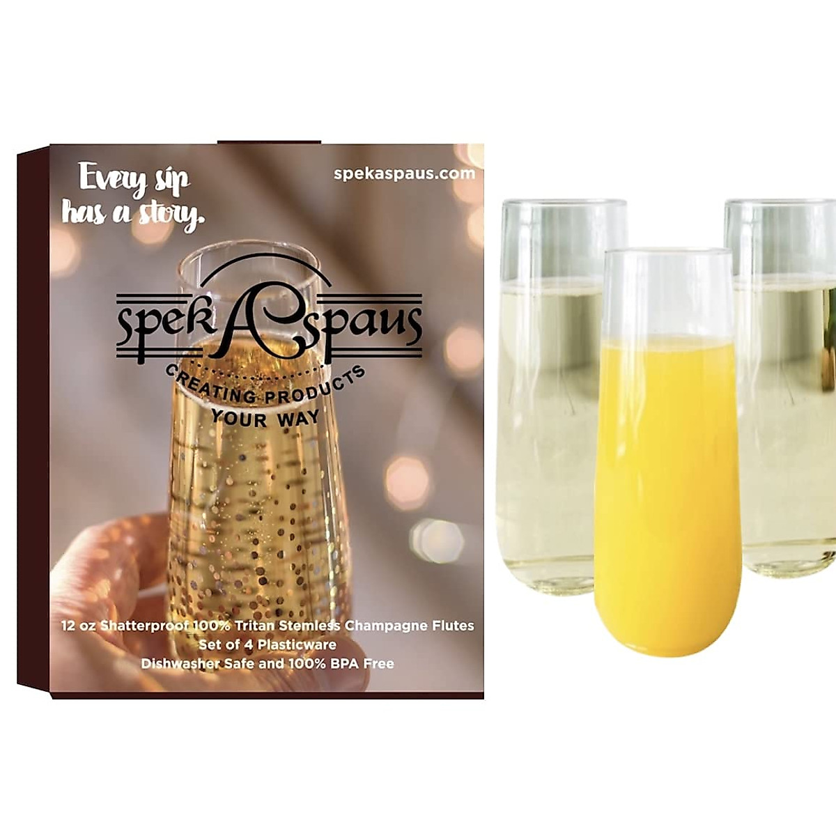 Spekaspaus TM 4 Unbreakable Stemless Champagne Flutes -12 oz-100% Tritan Plasticware - Shatterproof, Reusable, Dishwasher Safe, BPA-Free