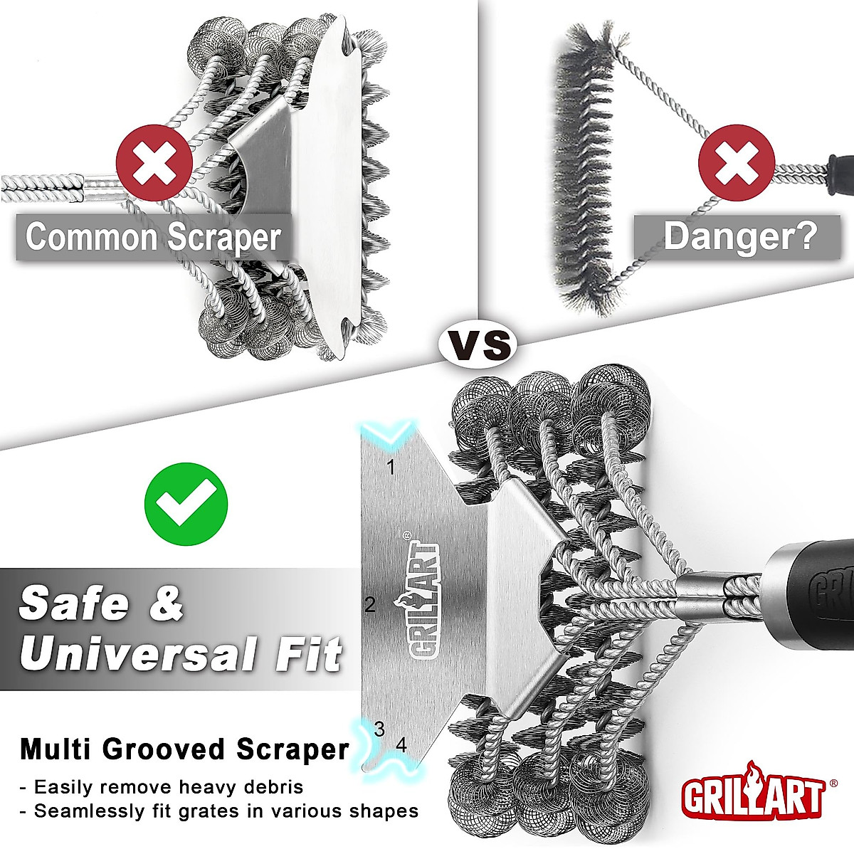 Grill Brush and Scraper Bristle Free – Safe BBQ Brush for Grill – 18'' Stainless Grill Grate Cleaner - Safe Grill Accessories for Porcelain/Weber Gas/Charcoal Grill – Gifts for Grill Wizard