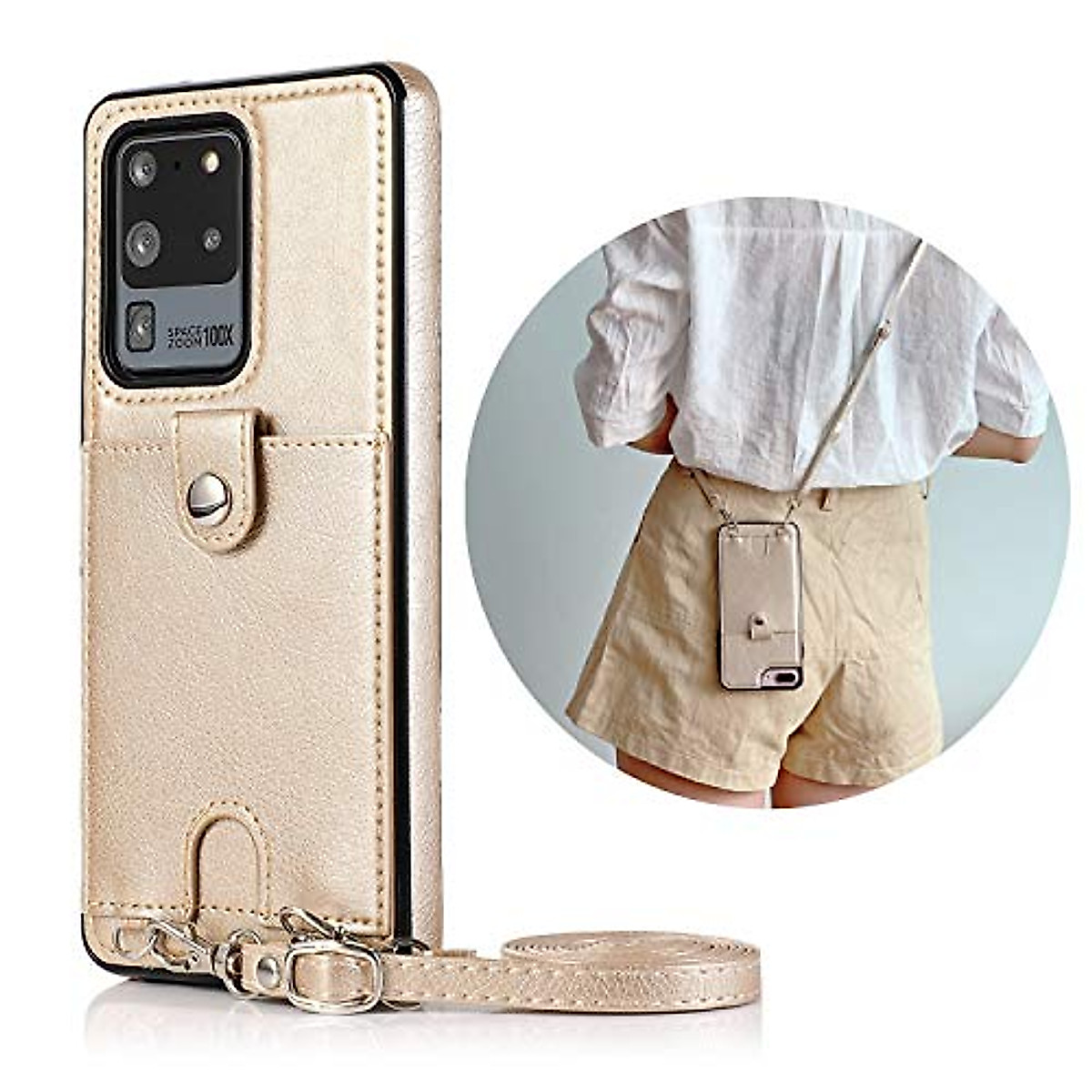 Jaorty PU Leather Wallet Case for Samsung Galaxy S20 Ultra Necklace Crossbody Lanyard Case Cover with Card Holder Adjustable Detachable Anti-Lost Neck Strap Case for Samsung Galaxy S20 Ultra,6.9",Gold