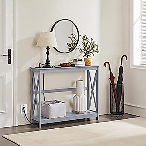 Yaheetech 2-Tier Console Table Narrow Wood Sofa Table with Power Outlets for Entryway Hallway Living Room Corridor, X-Shaped Design,Gray