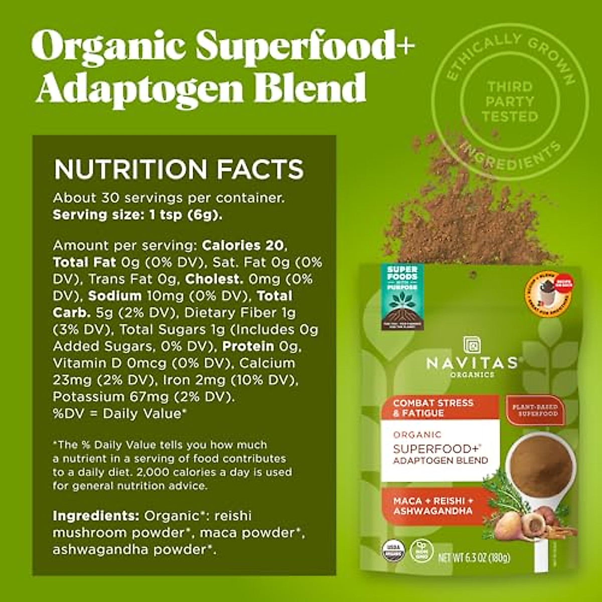 Navitas Organics Superfood+ Adaptogen Blend for Stress Support (Maca + Reishi + Ashwagandha), 6.3oz bag, 30 Servings — Organic, Non-GMO, Vegan, Gluten-Free, Keto & Paleo.