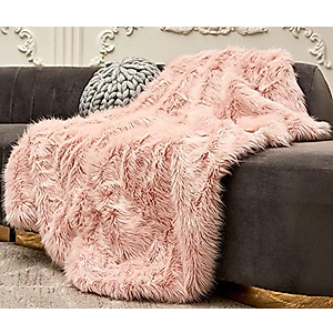 Pink Faux Fur Throw Blanket, Luxury Modern Blush Home Throw Blanket, Super Warm, Fuzzy, Elegant, Fluffy Thick Heavy Decoration Blanket Scarf for Sofa, Couch and Bed, 60''x 80''