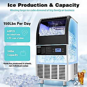 GSEICE Commercial Ice Maker Machine,150lbs/24H with 34lbs Ice Storage Capacity, 20” Air Cooled Freestanding Ice Machine, Automatic Operation Self Clean Ice Cube Maker for Home Office Bar Restaurant