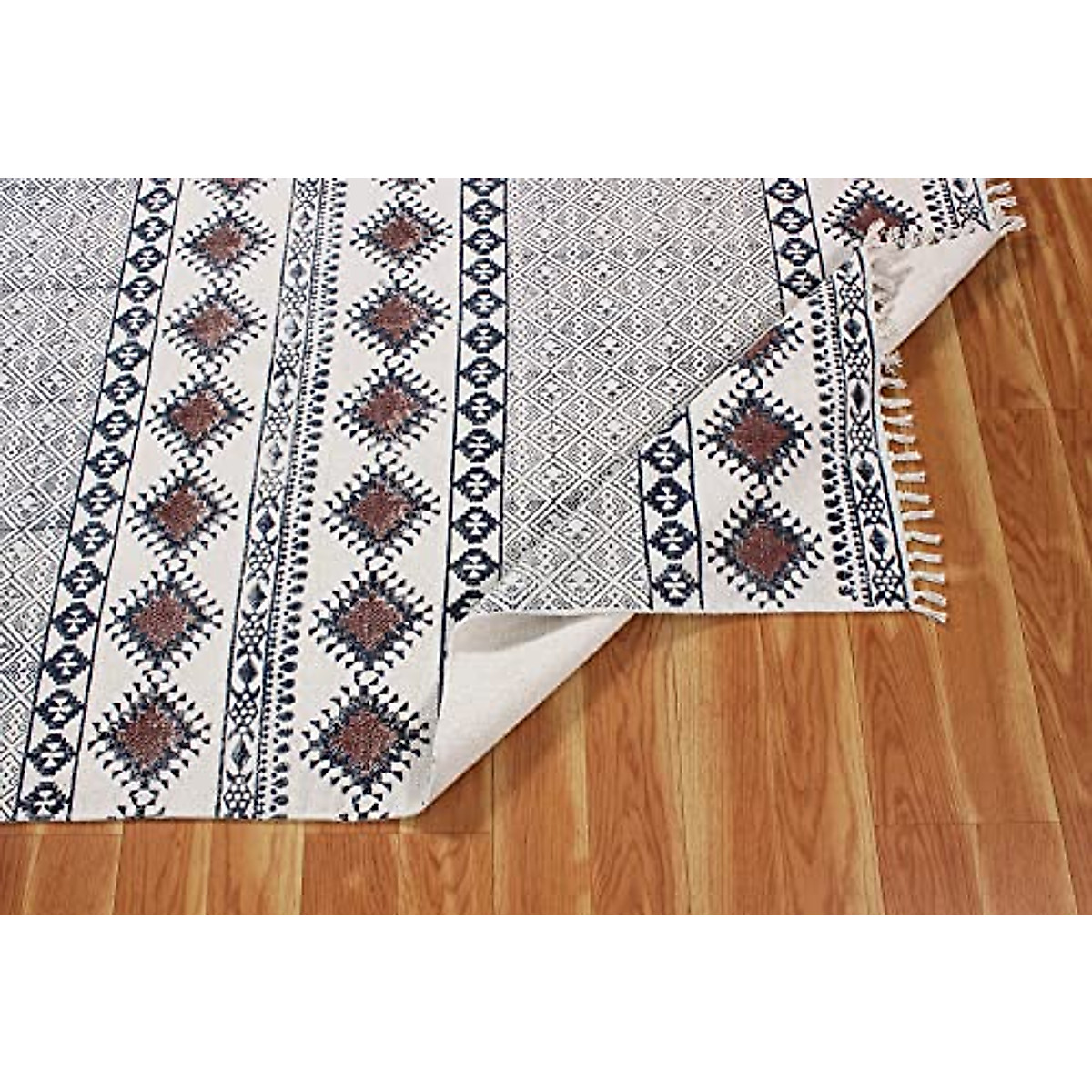 Casavani Indian Handmade Cotton Dhurrie Geometric Brown & Gray Area Rug Boho Kilim Flat Weave Rug Indoor Hall Room Decor Carpet Throw Rugs for Bedroom Living Room Bathroom Balcony 5x8 Feet