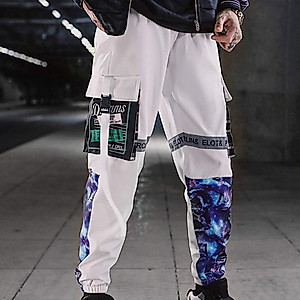 XYXIONGMAO Men's Functional Black and Purple Reflective Joggers Overalls Ribbon Techwear Sweatpants Hip Hop Streetwear Cargo Pants for Men (Black, XL)