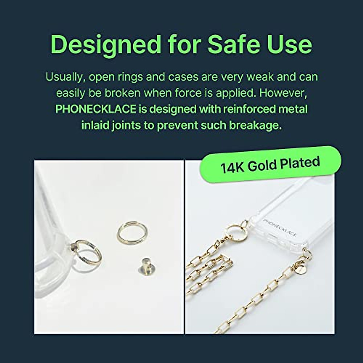 phonecklace iPhone 13 Crossbody Phone Case with Adjustible Chain Strap -Shockproof Cellphone Cover with Metal Component for Safe. Detachable 14K Gold Plated Chain Strap(Clip Chain)