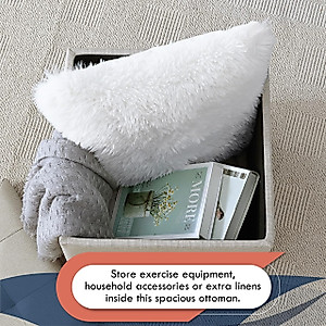 Ornavo Home Linen Tufted Square Storage Ottoman with Lift Off Lid, Ottoman with Storage for Living Room, Bedroom and Office, Beige