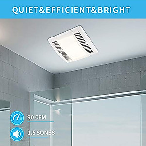 Tech Drive Very-Quiet 90 CFM, 1.5 Sone Bathroom Ventilation and Exhaust Fan With LED light 3000K 1100LM,Ceiling Mounted Fan,Easy to Install,White Plastic Grille