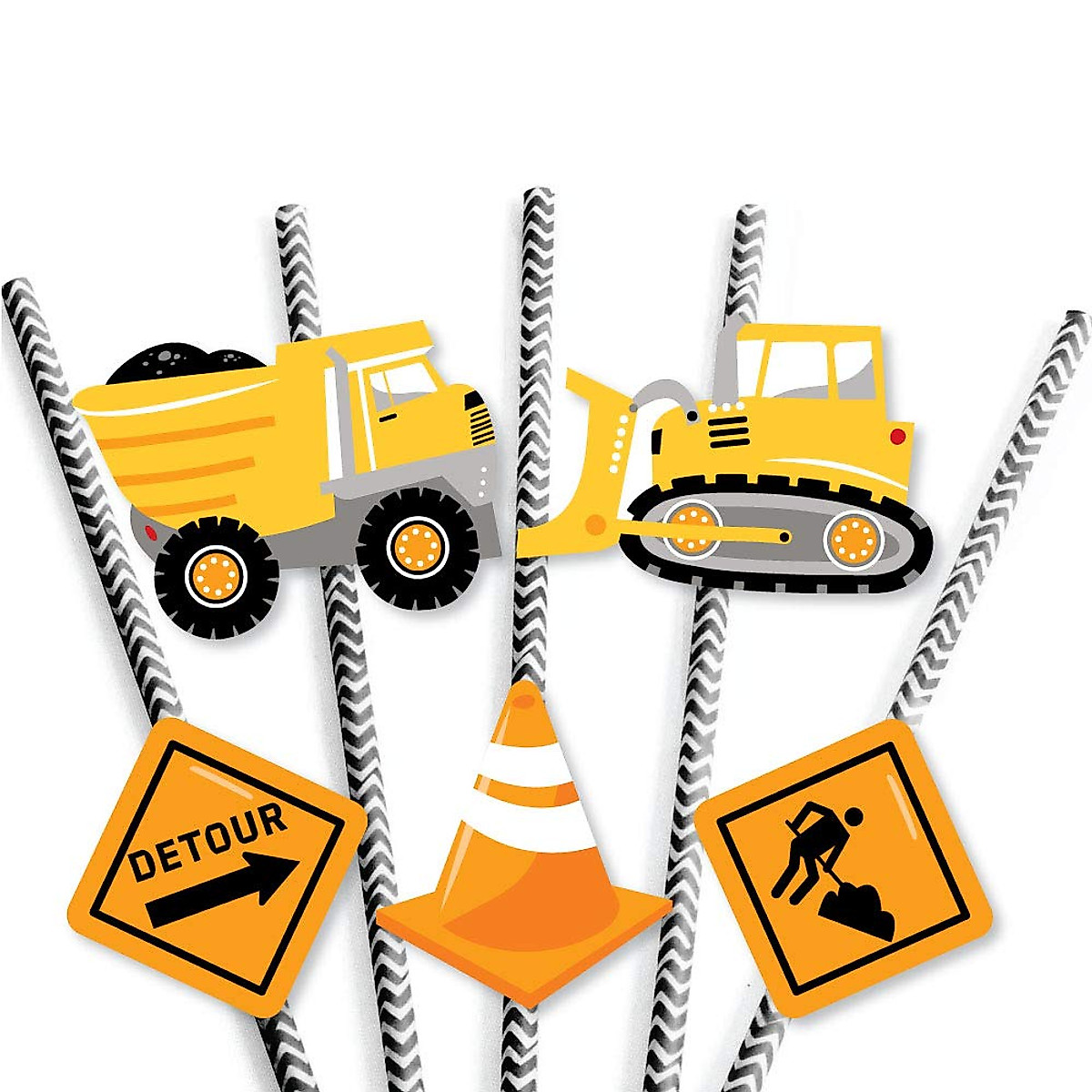 Big Dot of Happiness Dig It - Construction Party Zone - Paper Straw Decor - Baby Shower or Birthday Party Striped Decorative Straws - Set of 24