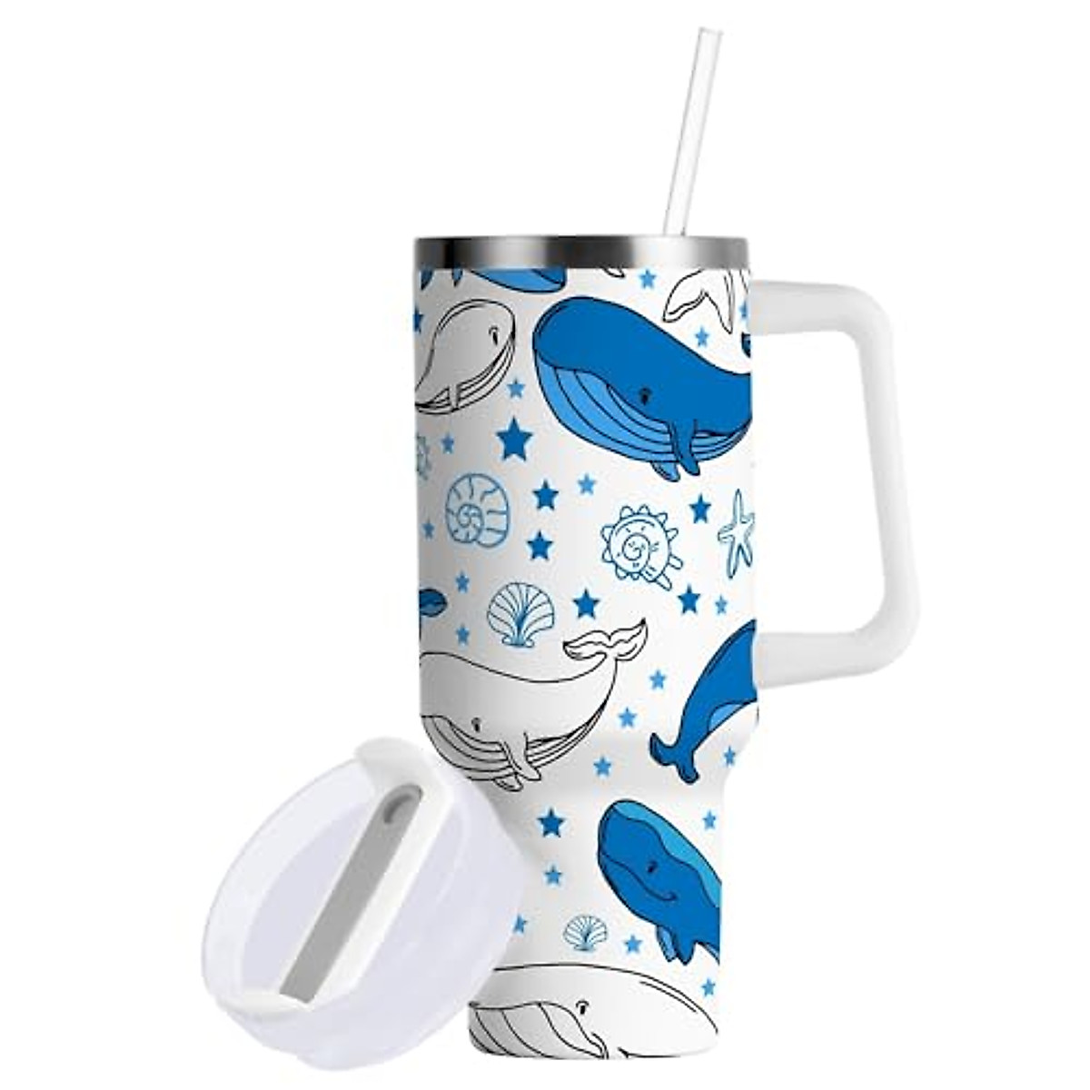 DIGTIA Stainless Steel Insulated Tumbler w/Handle & Straw, Blue White Whales Double Wall Vacuum Travel Coffee Mug Cup w/Lid, Leak-Proof Sports Ocean Water Bottle,30oz