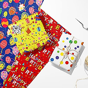 Ulmasinn Birthday Wrapping Paper Flat 8 Sheets for Boys Girls Kids Baby Shower, Two of the Yellow Gift Wrapping Paper Has the Word Birthday Spelled Wrong, 20 X 29 Inches Each