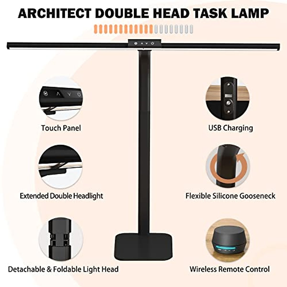 HAMOPY Desk Light, 24W Architect Desk Lamp with USB Charging Port, 2-in-1 Clamp Lamp & Desk Lamp for Home Office, Desk Light with Flexible Gooseneck, 5 Colors & 7 Brightness, Remote Control, Timer