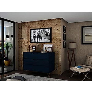 Manhattan Comfort Rockefeller Mid-Century Modern 3 Drawer Bedroom Dresser, 17.52" L x 35.24" W x 30.82", Midnight Blue