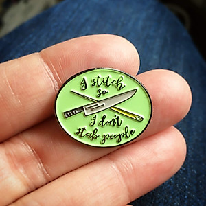 I Stitch So I Don't Stab People Enamel Needle Minder: Knife & Needle