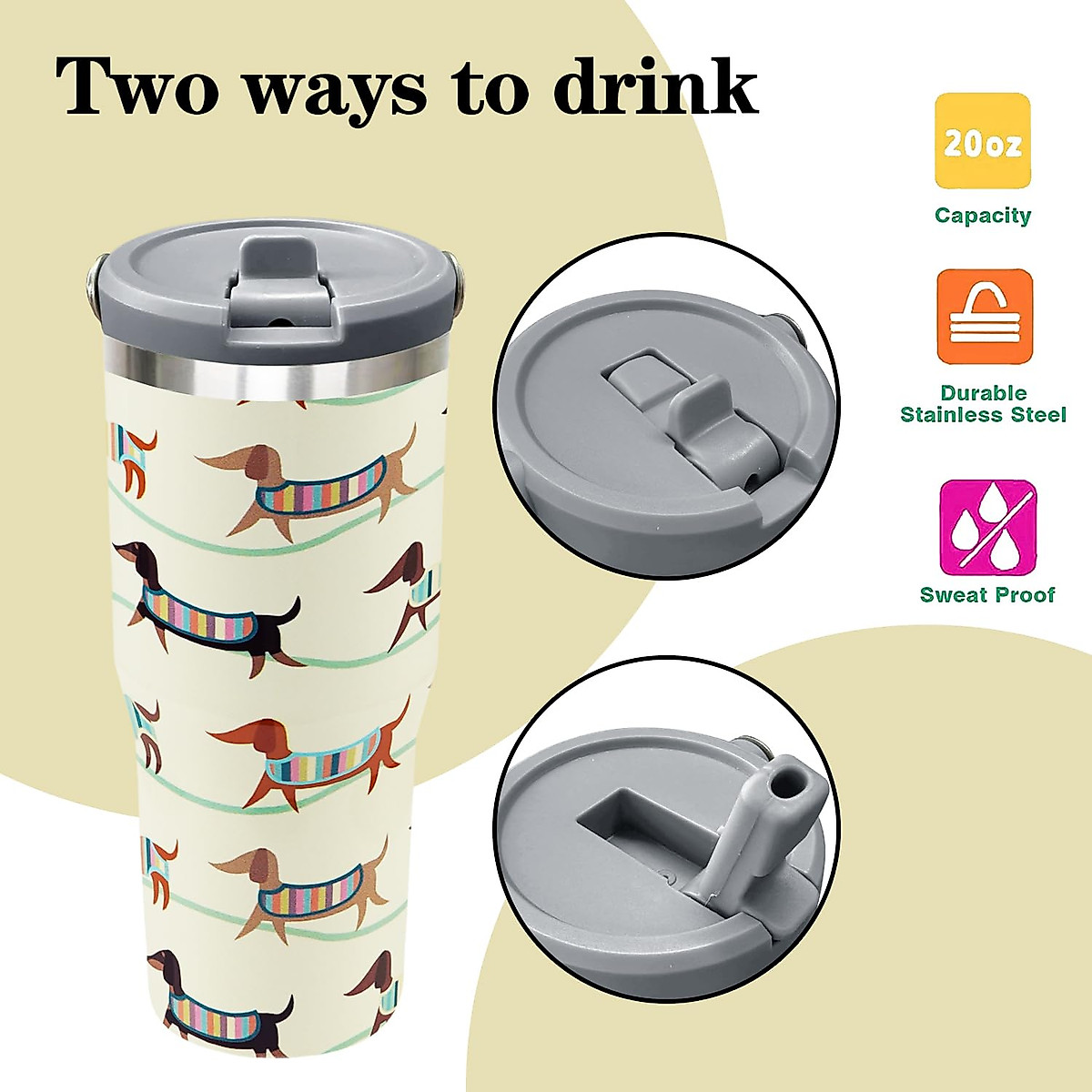 Dachshund Tumbler Gifts with Handle and Straw, Stainless Steel Vacuum Insulated Flip Straw Dachshund Tumblers, Spill Proof Coffee Travel Mug Dachshund Lovers Gifts 30oz