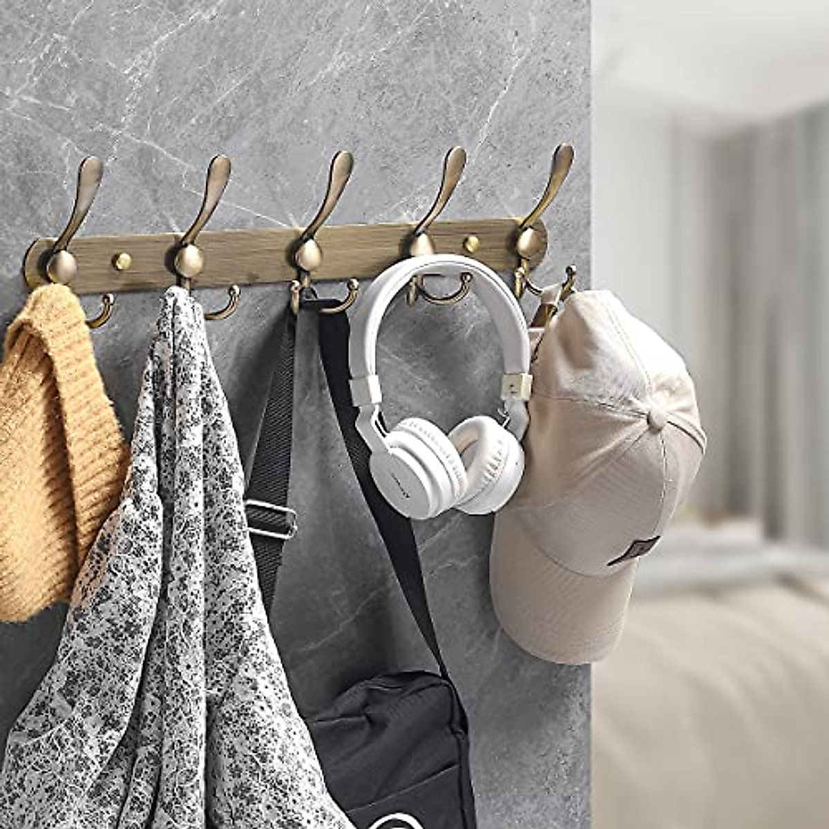 JYL HOME Coat Rack Wall Mounted 5 Triple Hooks Metal Coat Hook Rail for Coat Hat Key Towel Purse Robes, Bronze, 1 Pack