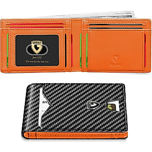 GSOIAX Slim Wallet for Men with 11 card Slots Rfid Blocking Carbon Fiber wallets Bifold Credit Card Holder Minimalist Leather With Gift Box (Carbon Black and Orange)