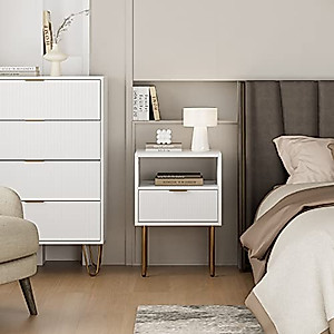 Aobafuir Nightstand, Drawer Dresser for Bedroom, Small Side Table with Drawer, Bedside Furniture, Night Stand, End Table with Gold Frame for Bedroom,Living Room,White